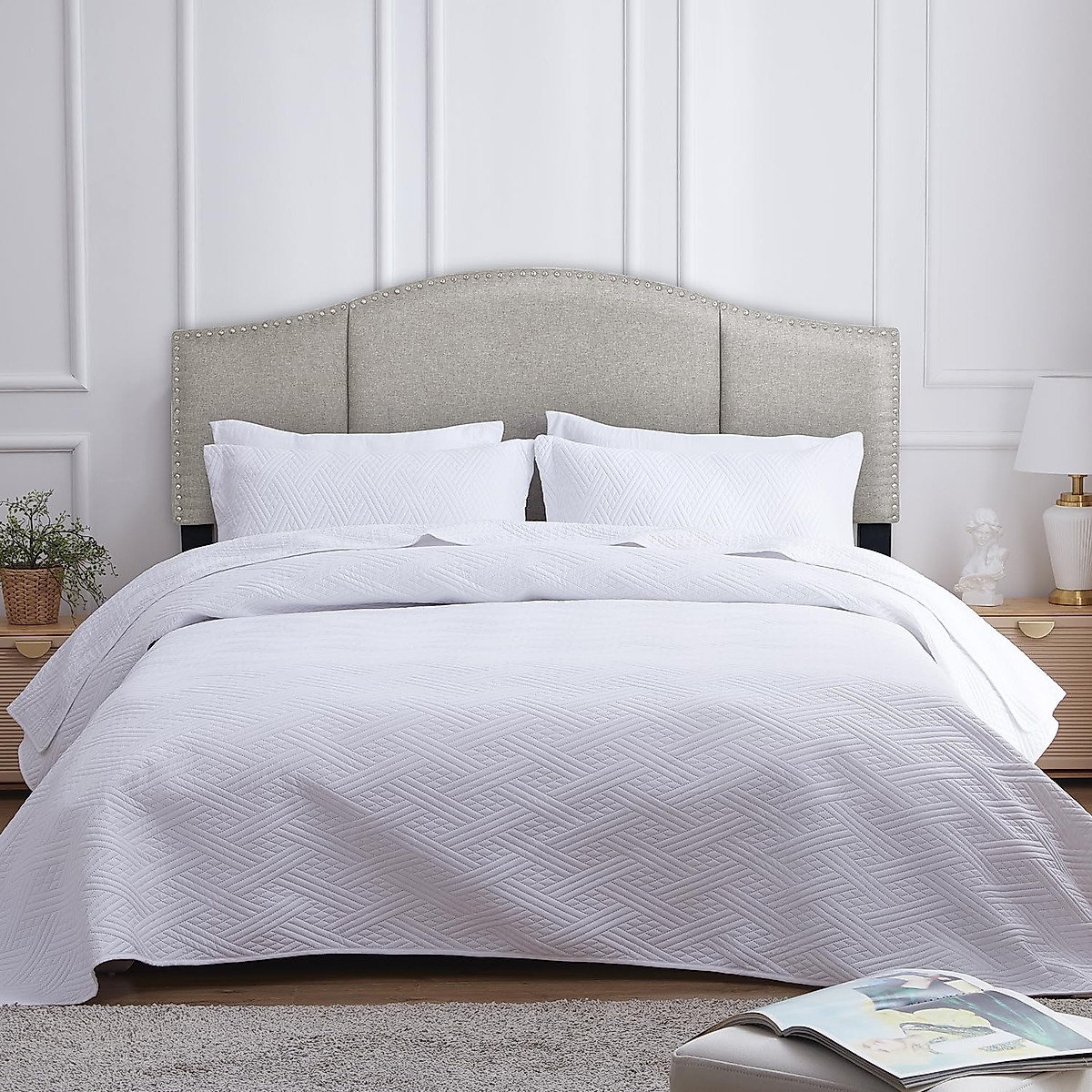 Finnhomy Linen Fabric Upholstered King Size Headboard with Nailheads Trim Platform, Adjustable Height Head Board, Light Grey