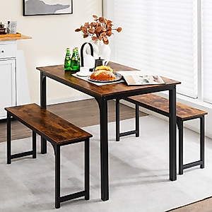 Giantex Dining Table Set for 4, Industrial Kitchen Table Set w/ 2 Benches, Space-Saving Dinette Set for Breakfast Nook, Dining Room, Kitchen, Easy Assembly (Mix Brown)