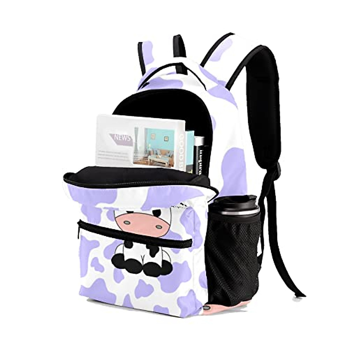 zaaprintblanket Personalized Custom Adorable Little Cow Purple White Print Backpack for Unisex Adult Teens Office Staff Travel Camper