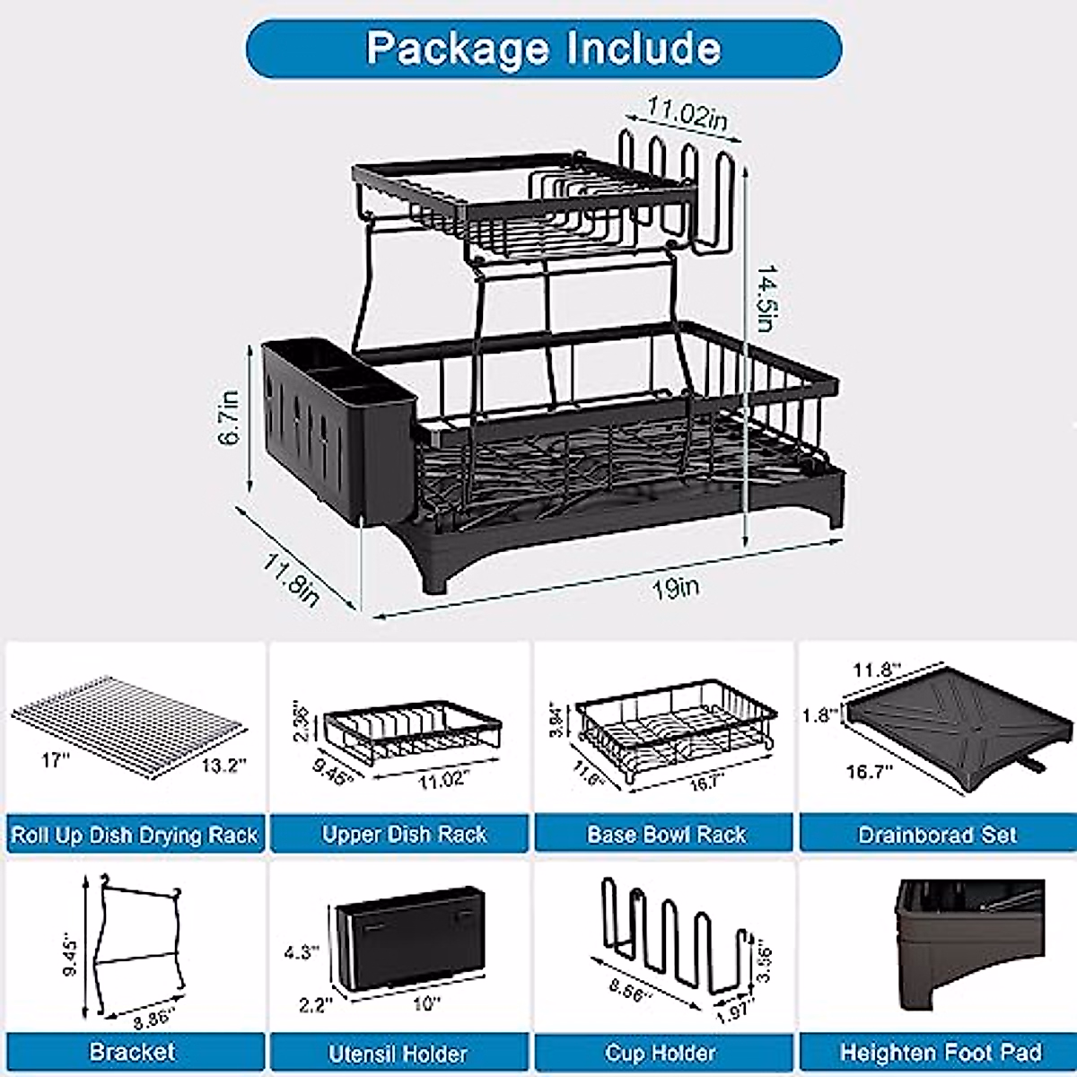 Dish Drying Rack Large Dish Rack, 2 Tier Dish Racks for Kitchen Counter, Extra Roll-Up Kitchen Sink Drying Rack, Rustproof Stainless Steel Dish Drainer with Drainboard Set Utensil Holder Cup Rack