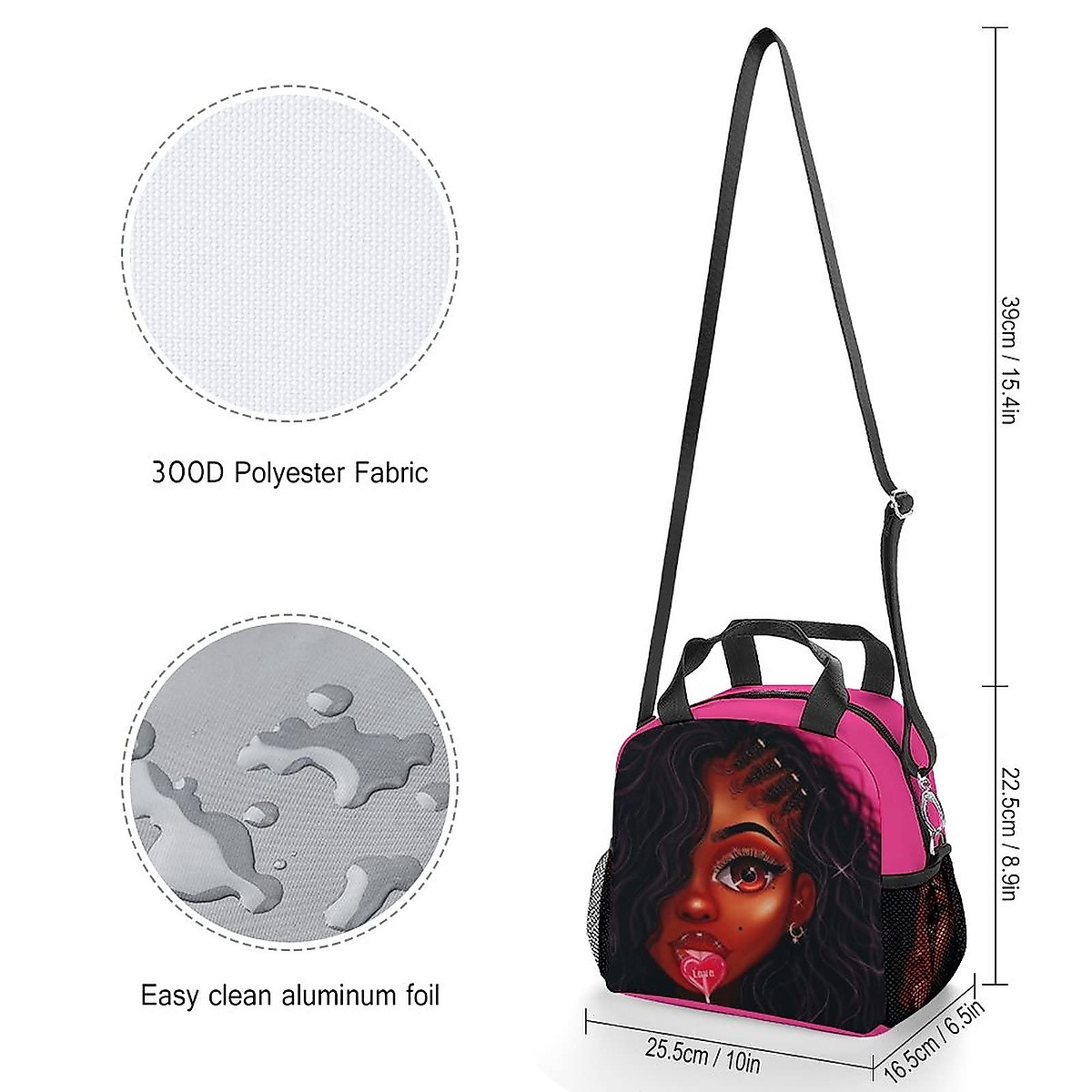 Pocxoep Black Girl Lunch Box for Kids Black Girl Insulated Lunch Bag with Shoulder Strap for Boys Girls Large Capacity Reusable African Lunch Boxes for School Work Picnic