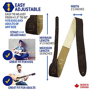 Perri's Leathers, Suede Guitar Strap, Sheepskin Pad, Brown, Anti-Slip, Classic, Suitable for Each Level, Standard Size, 41" to 56" Inches Compatible with All Button Lock Systems