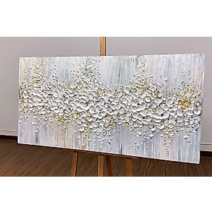 ART8YUQI Paintings - Contemporary Abstract Art Oil Painting On Canvas Texture 3D White Flower painting Handmade Artwork Picture Canvas Wall Art Modern Home Decor living room Ready to Hang 24x48inch