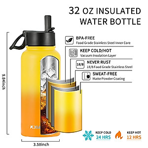 32 oz Insulated Water Bottle with Paracord Handles & Strap, 2 Lids(Straw Lid&Spout Lid), Stainless Steel Reusable Wide Mouth Metal Water Bottle With Straw, Double Walled, Thermo Mug（Mango Yellow)