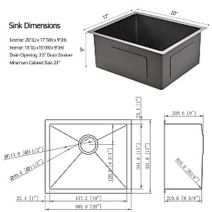 20x17 Inch Black Stainless Steel Undermount Kitchen Bar Sink, Luckyhorse 16 Gauge Deep Matte Black Stainless Steel Undermount Small Kitchen Sink LH016S