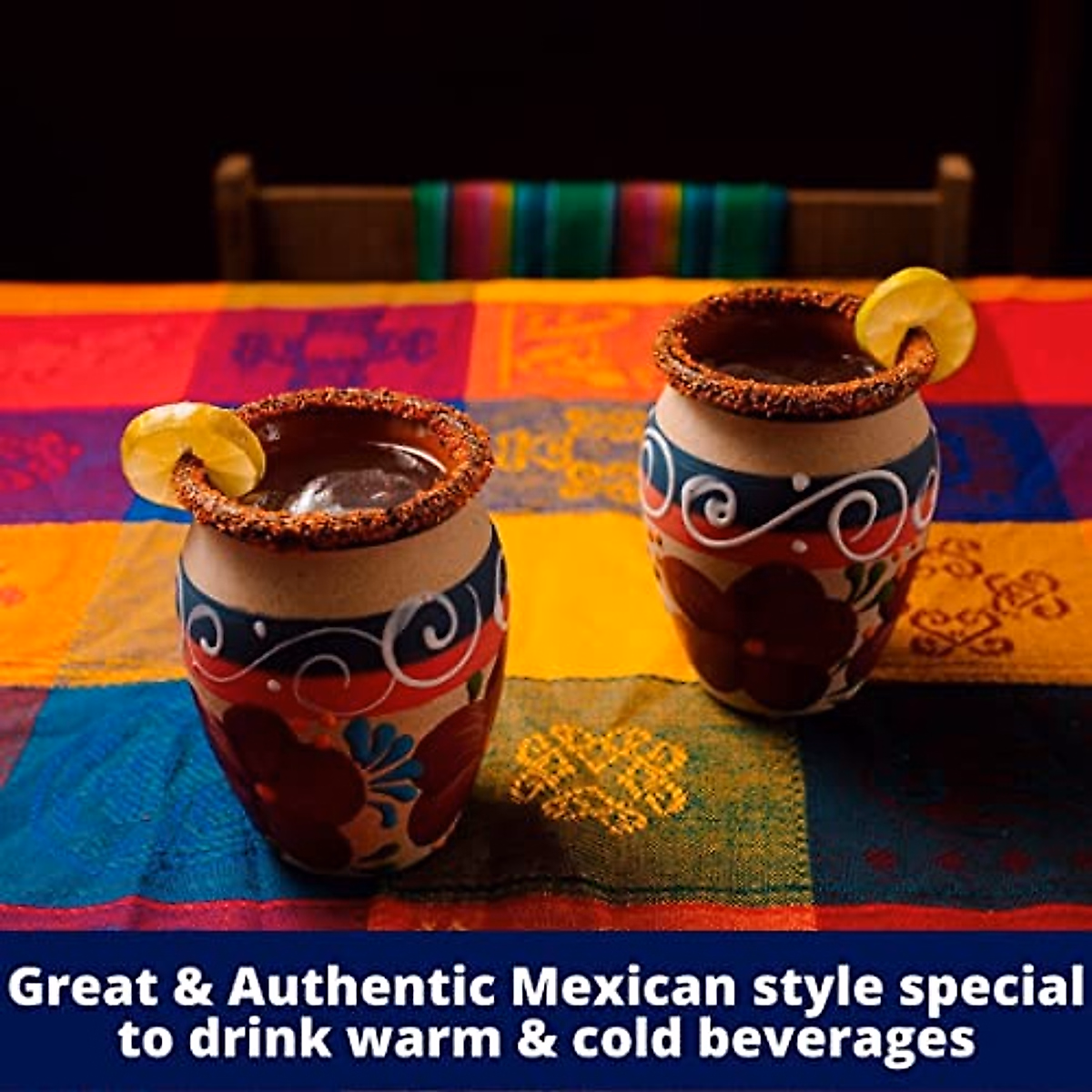 Cantaritos de Barro Jarritos Mexicanos - Set of 2 Authentic Mexican Glazed Clay Mugs 14 Oz For Drink Margaritas & Tequila Special For Taco Tuesda & Mexican Parties (Navy Blue Rim Flowers Desing)