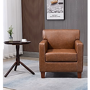 ANOUR Mid Century Modern Accent Chairs,Faux Leather Living Room Chairs with Wooden Legs,Single Sofa Chairs,Upholstered Arm Chairs for Living Room,Bedroom-Brown