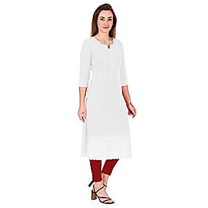 ladyline Womens Georgette Chiffon Chickankari & Sequins Work Kurti Tunic Kurta (White, 40)