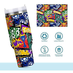 Emelivor Balls Trophies Colorful 40 oz Tumbler with Lid and Straw Insulated Tumblers with Handle Leak Proof Coffee Tumbler Mug Large Water Bottles for Hot and Iced Cold Drinks