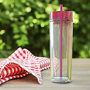 Maars Drinkware Double Wall Insulated Skinny Acrylic Tumblers with Straw and Lid, 16 oz. (4 pack, Clear)