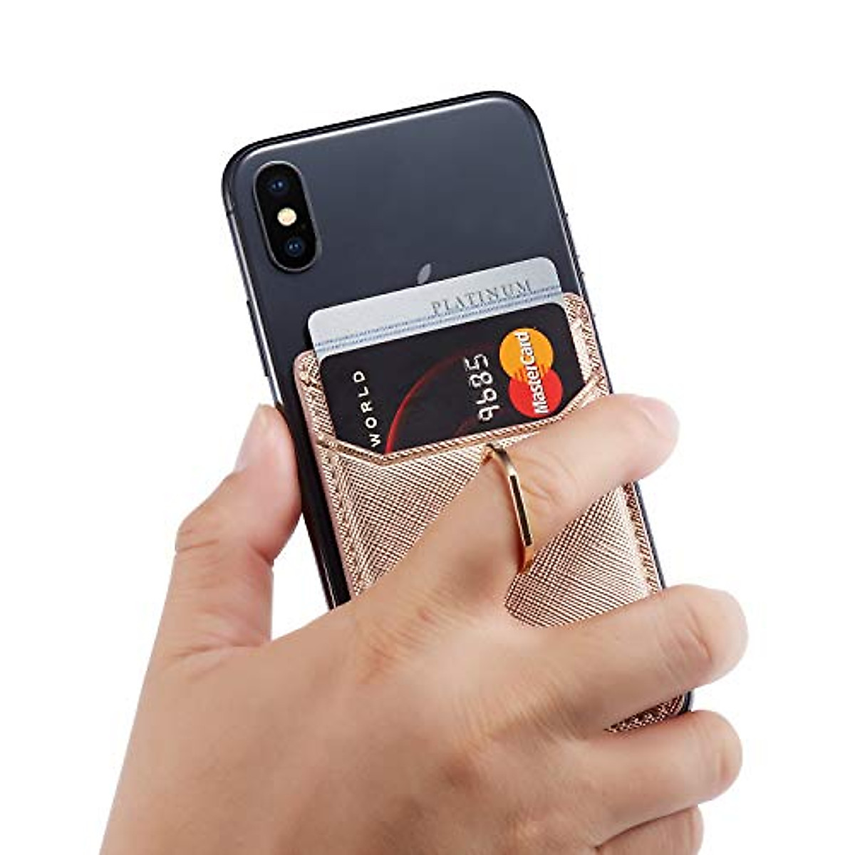 TOPWOOZU Phone Card Holder with Ring Grip for Back of Phone,Adhesive Stick-on Credit Card Wallet Pocket for iPhone,Android and Smartphones Rosegold