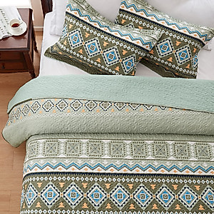 LEAONME Quilt Set Full/Queen Size 3 Piece Bedspread Coverlet Lightweight Comforter Microfiber Bedding Set for All Season Oversized 90x98 Inch Bed Cover Bohemian Olive Green(1 Quilt,2 Pillow Shams)