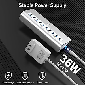 Powered USB Hub, intpw 10 Port USB 3.1 Hub with 10Gbps Data Transfer, 30W(12V/2.5A) Power Adapter, USB Type A and Type C Cable, Aluminum USB Power Hub for Laptop, MacBook and Desktop Computer
