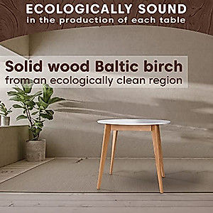 DAIVA CASA Orion Round Table for 3 Person - Birch Solid Wood Kitchen & Dining Room Furniture - Mid Century Modern Scandinavian Style – White Brown Table 35 inch