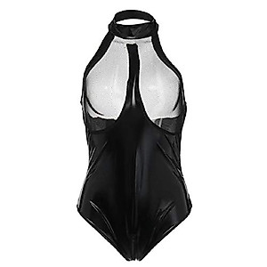 LowProfile Women Wet Look Faux Leather Teddy Babydolls Fishnet See Through Teddy Lingerie Zip Crotch Bodysuit Black