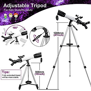 Telescope for Astronomy Beginners, 20-167X HD Telescope for Kids Adults, Rotable Lens, 60mm Aperture 500mm AZ Mount, with Carry Bag, Phone Adapter, Ajustable Tripod