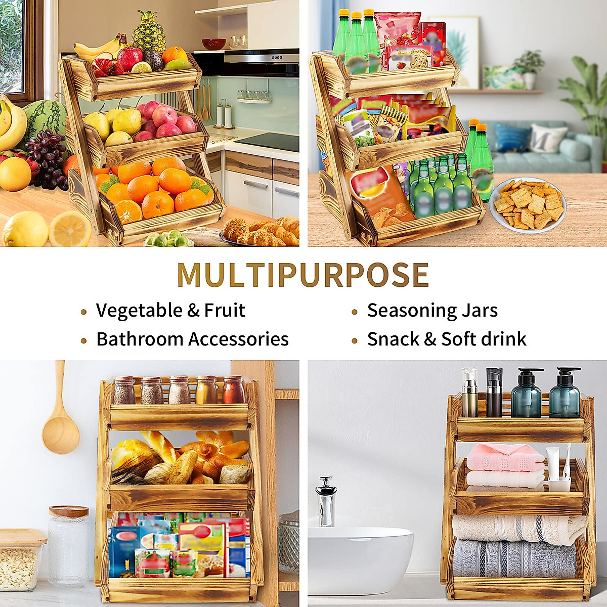 Wooden 3 Tier Fruit Basket for Kitchen, Fruit Stand for Kitchen Countertop, Vegetable Produce Bread Storage Holder, Kitchen Organization Perfect for Produce, Home Storage, and Display(Self-assembly)