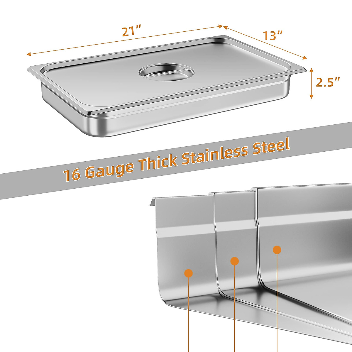 SPORTY&FIT 6 Pack Full Size Hotel Pan Commercial, Catering Pans [NSF Certified][with Lid] 2.5 Inch Deep Commercial Stainless Steel Anti-Jamming Steam Table Pan