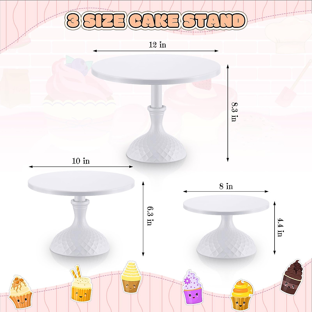 Hicarer 3pcs Cake Stand Set Metal Dessert Table Display Tiered Cupcake Holder of Disc Diameter 8" 10" 12", Grid Mesh Design Tall Base Candlestick Display for Wedding Baby Shower Birthday Party (White)