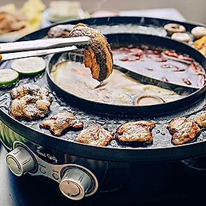 Food Party DUO Electric Smokeless Grill and Hot Pot, With Separable Cooking Plate, Deluxe Combo of 1 Recipe Book, 1 Tong, 1 Oil Brush, 1 Pack of Parchment Paper, for Hotpot KBBQ, Barbecue & Grill