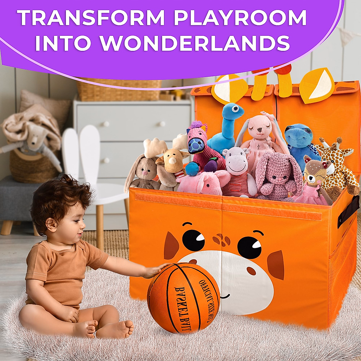 QUOKKA Toy Storage Box for Boys and Girls - 24.8x16.1x13 In Giraffe Toy Chest Organizer for Kids - Collapsible Handles - Flip Top Lids - Fabric Foldable Bin for Playroom - Nursery Room Organization