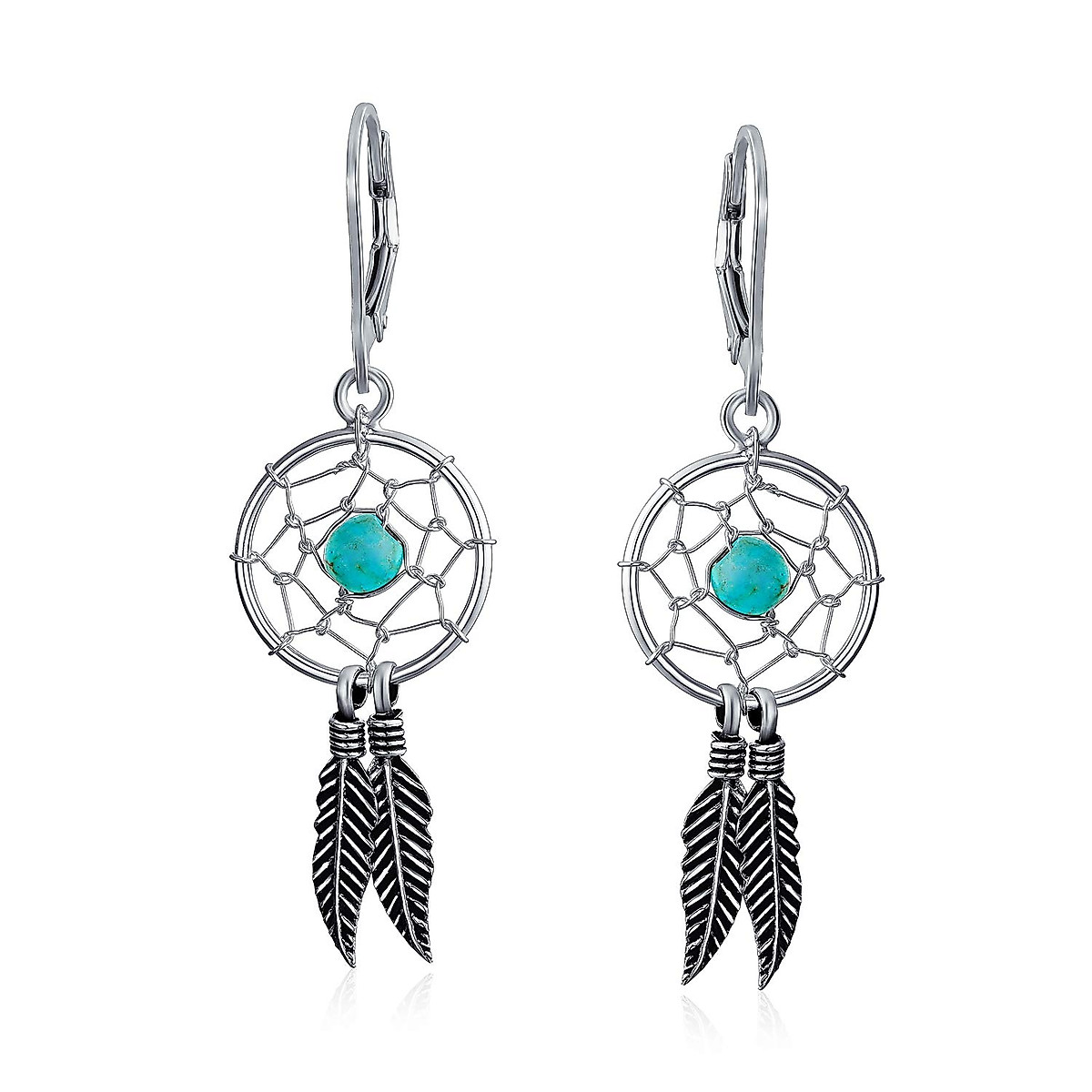 Blue Turquoise Western Jewelry Native American Indian Dream Catcher Feather Dangle Earrings For Women Teen .925 Sterling Silver
