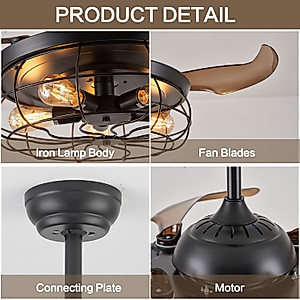 DuMaiWay 42" Industrial Retractable Ceiling Fans with Lights, Fandelier Caged Ceiling Fan with Remote Controller for Farmhouse/Living Room/Bedroom/Restaurant 5 Lights 4 Fan Blades Black