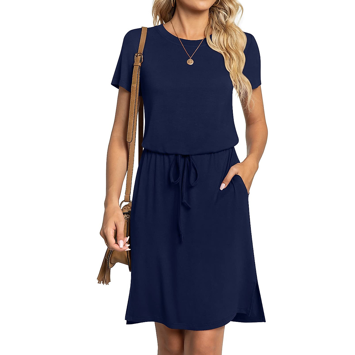 Anydoll Women's Casual Tshirt Dress Summer Work Knee Length Dresses with Pocket Navy Blue X-Large