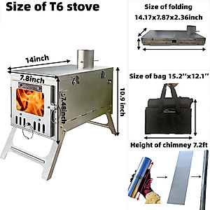 DANCHEL OUTDOOR T6 TA1 Titanium Wood Burning Stove Portable 4.4lbs, Folding Camping Tent Stove Lightweight Small Hot Tent Stove 7.2ft Chimney Backpacking