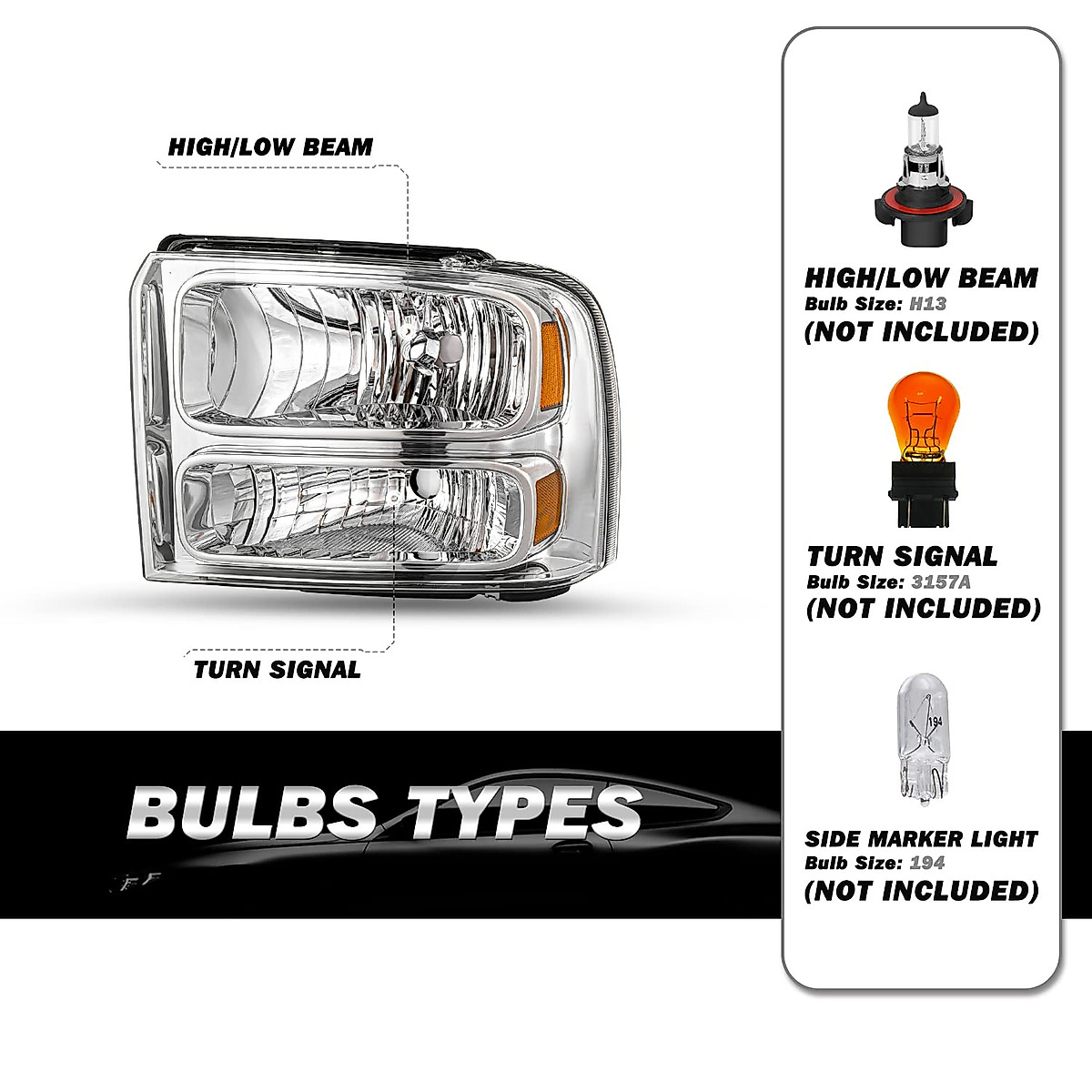 SOCKIR Headlight Assembly Compatible with 05 06 07 Ford F250 F350 F450 F550 Super Duty / 2005 Ford Excursion Driver and Passenger Side (Chrome Housing & Amber Reflector)