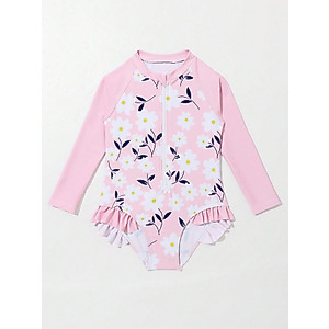 SweatyRocks Girl's Cute Floral Print Long Sleeve Mock Neck Zip Front One Piece Monokini Swimsuit Blue 6Y