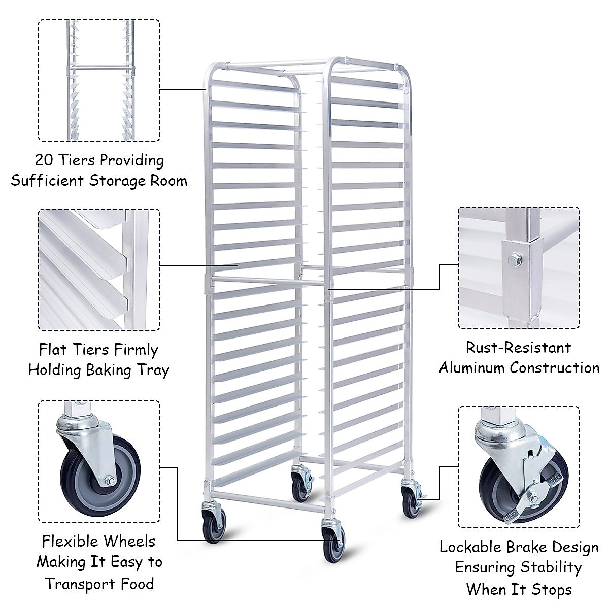 Giantex 20-Tier Kitchen Bun Pan Sheet Rack Aluminum Bakery Rack Home Commercial Kitchen Bakery Cooling Rack w/Wheels 2 Lockable & Open Shelf