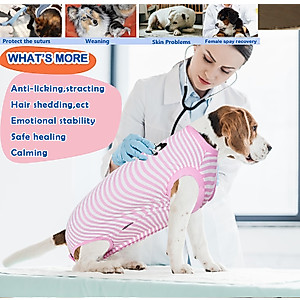 Wabdhaly Dog Surgery Recovery Suit for Female Spay,Surgical Suit for Large Female Dogs,Soft Combed Cotton,Striped Pink Zipper Onesie L