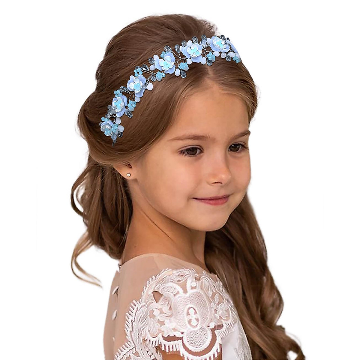 Campsis Flower Girl Headband Blue Crystal Princess Headpiece Rhinestone Girl Hair Piece Wedding Bride Accessories or Women and Girls