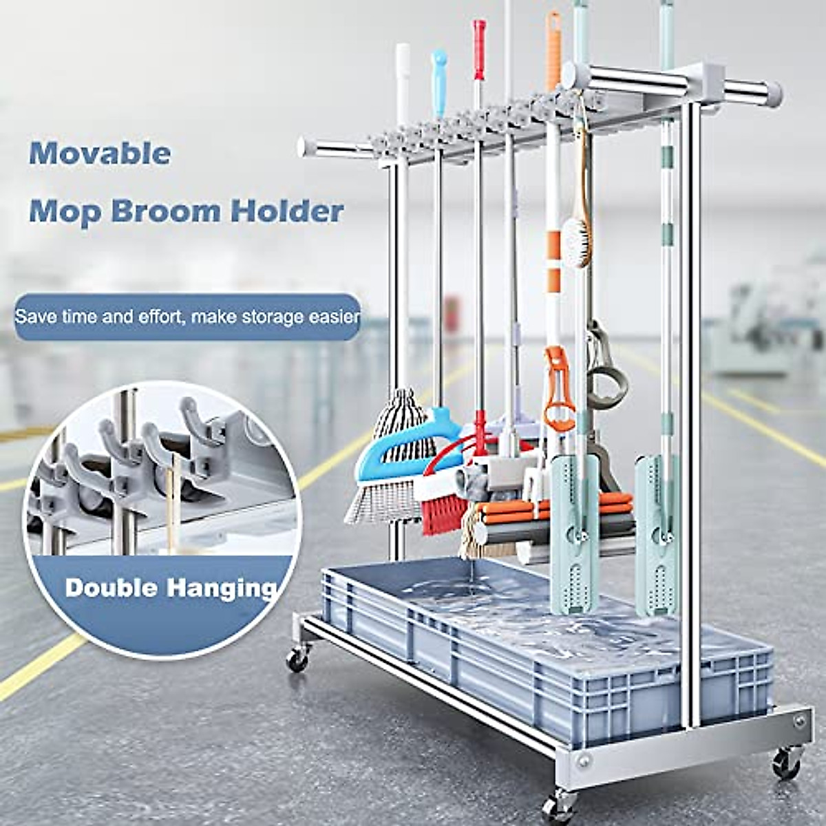 Utility Rack for Mops And Brooms,Cleaning Supplies Organizer,Cleaning Cart,Movable Commercial Mop Broom Holder,Housekeeping Cart, with Universal wheel,Garage,Home,House,Hotel Organization Must Haves (