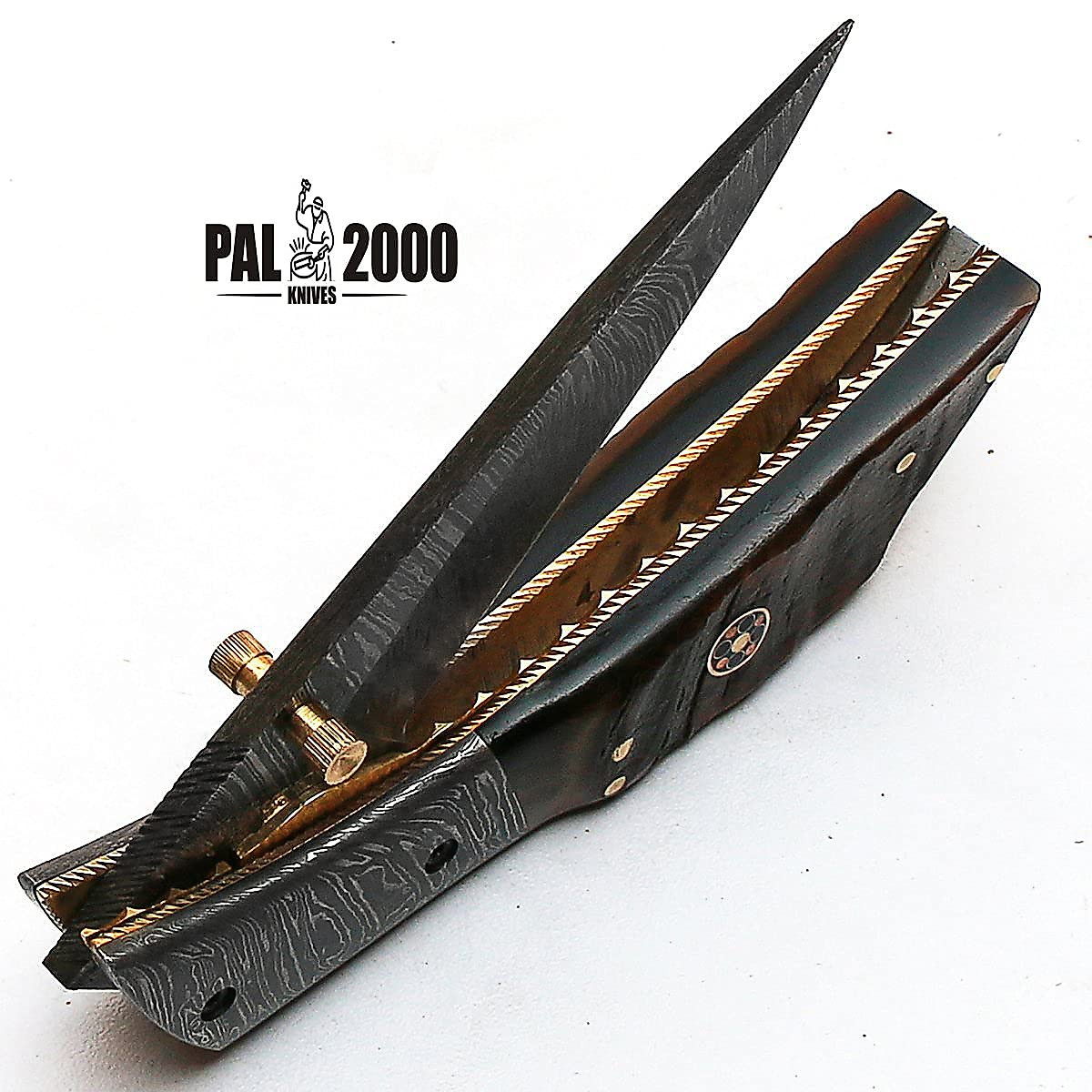 PAL 2000 HUNTING KNIVES Mmgn-8837 - Damascus Folding Knife - Handmade Damascus Steel - Damascus Pocket Knife - Ram Horn Handle, Black, Brown and Gray,