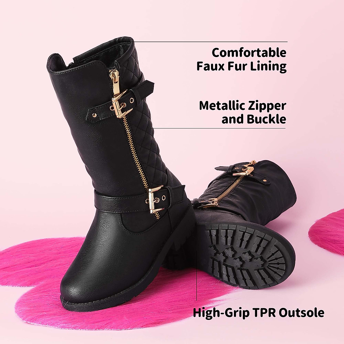 DREAM PAIRS Girls Big Kid Knice Black Knee High Winter Motorcycle Riding Boots Size 5 M US Big Kid