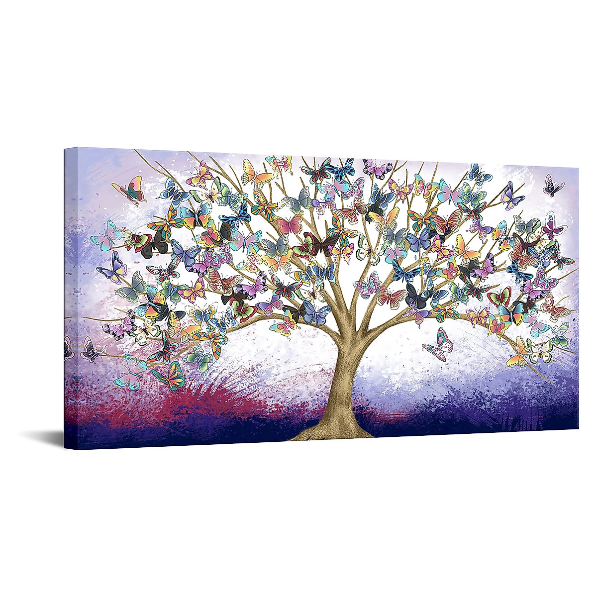 FuShvre Butterfly Pictures Wall Decor Purple Butterflies Canvas Wall Art Prints Tree of Life Artwork Painting Framed 24"x48"