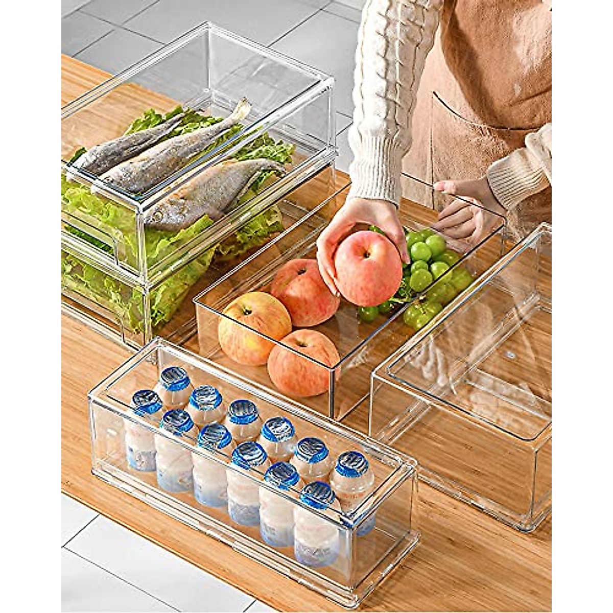AYOTEE Refrigerator drawer organizer Fridge clear stackable drawers Organizer Bins stackable fridge storage bins drawers for Fridge,Freezers(LARGE)