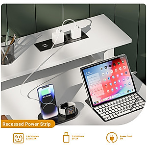 iSunirm 55 inch Computer Desk with Power Outlets, Office Desk Gaming Desk with LED Lights, Home Office Desk with Monitor Shelf, Modern Work Desk Study Writing Table for Bedroom, Pure White