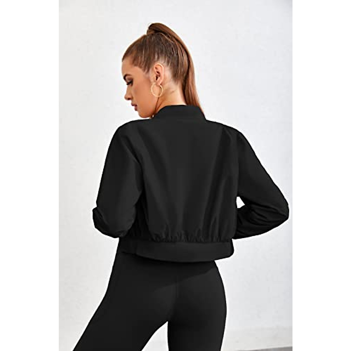 Kolagri Women Long Sleeve Cropped Windbreaker Open Front Quick Dry Thin Bomber Jacket Workout Bolero Jackets Tops Black M