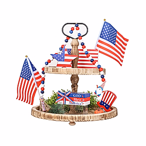 5Pcs 4th of July Tiered Tray Decor Patriotic Wood Signs American Flag Stars and Stripe Wood Blocks Red White Blue Wooden Bead Garland for 4th of July Memorial Day Home Table Decor