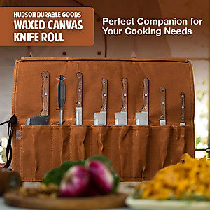 Hudson Durable Goods 8 Pocket Knife Roll - 22” W x 17” H Waxed Canvas Carrying Case for Kitchen Knives and Kitchen Tools - Heavy Duty, Portable Knife Storage Bag for Traveling - Tan Knife Pouch