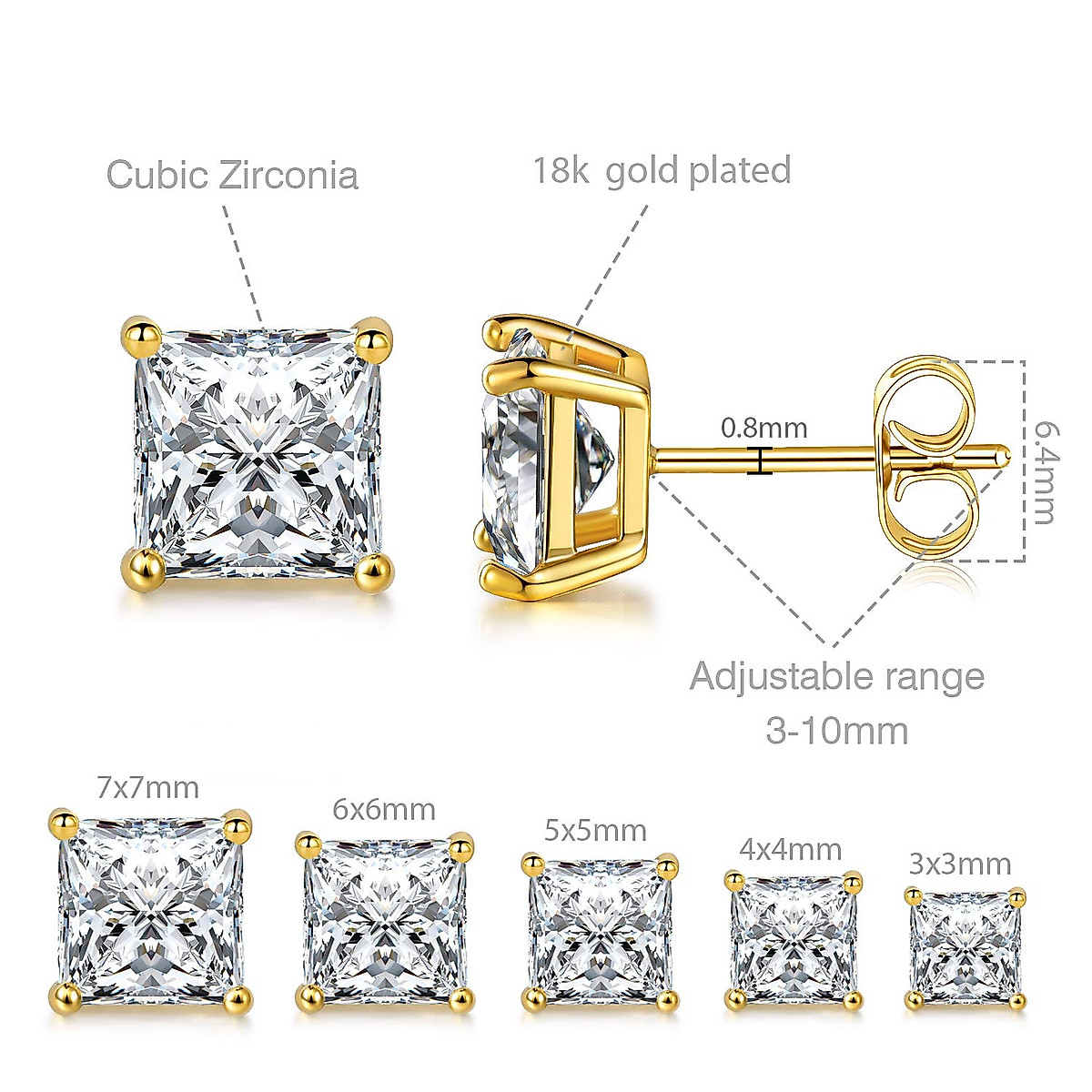 MDFUN 18K Yellow Gold Plated Princess Cut Square Clear Cubic Zirconia Stud Earring Pack of 5 Pairs