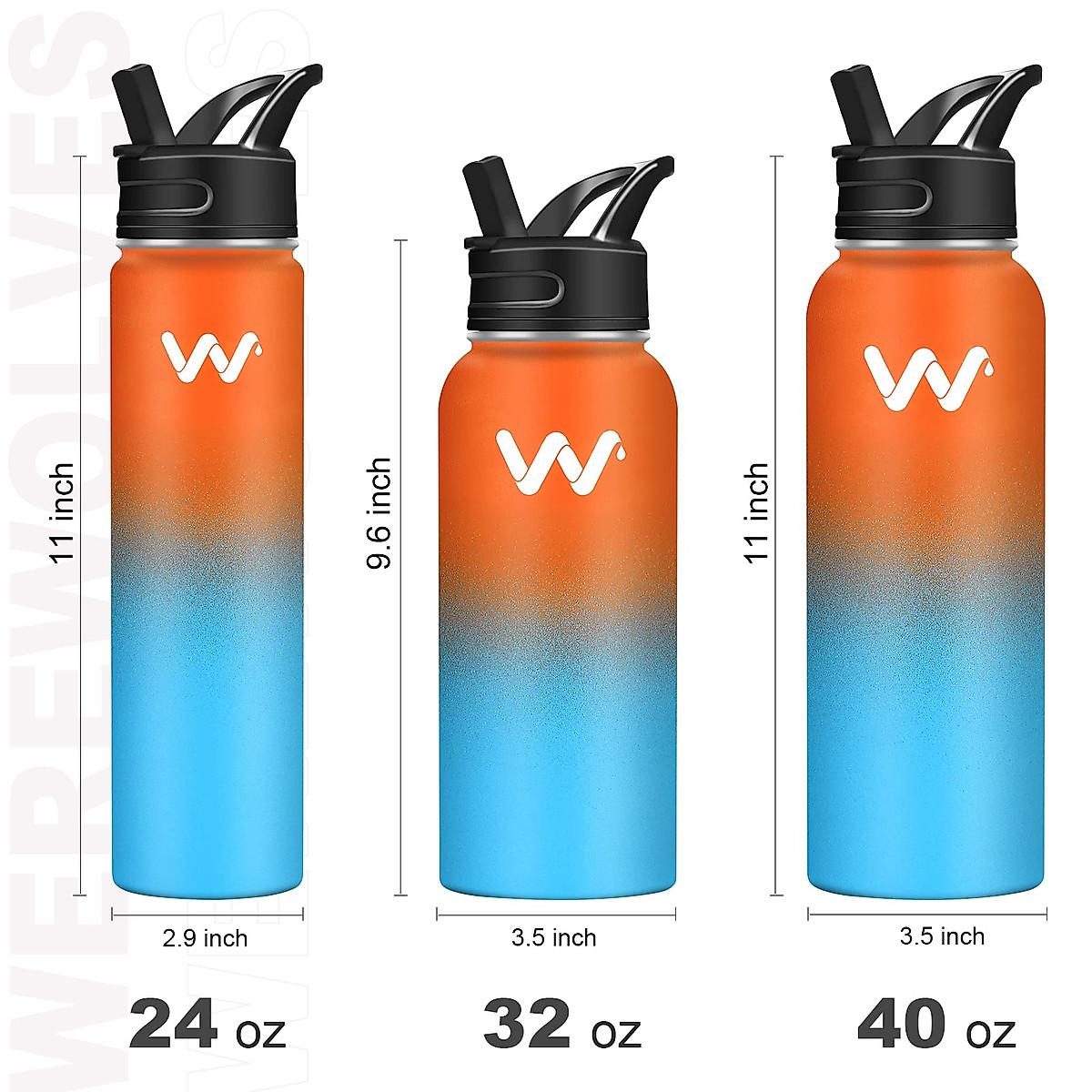 WEREWOLVES 24 oz Insulated Water Bottle With Paracord Handles & Strap & Straw Lid & Spout Lid,Reusable Wide Mouth Vacuum Stainless Steel Water Bottle for Adults (New-Summer Orange, 24 oz)