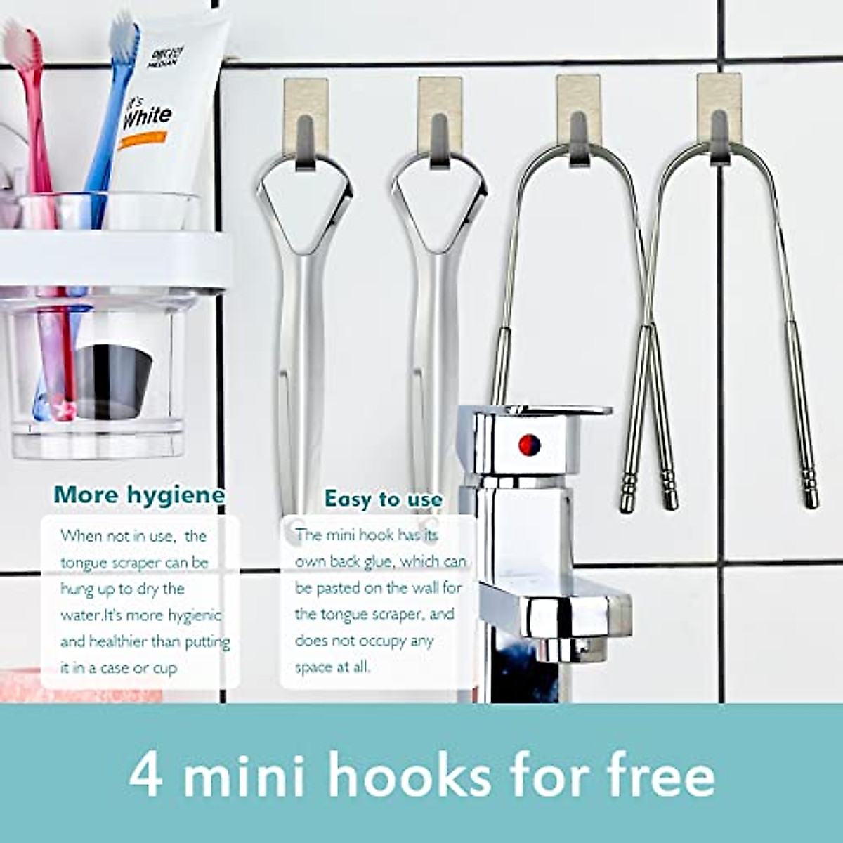 Tongue Scraper with Mini Hooks (4 Pack) Stainless Steel Tongue Cleaner Tongue Cleaning Tools for Adults and Kids Oral Care Eliminate Bad Breath Tongue Brush