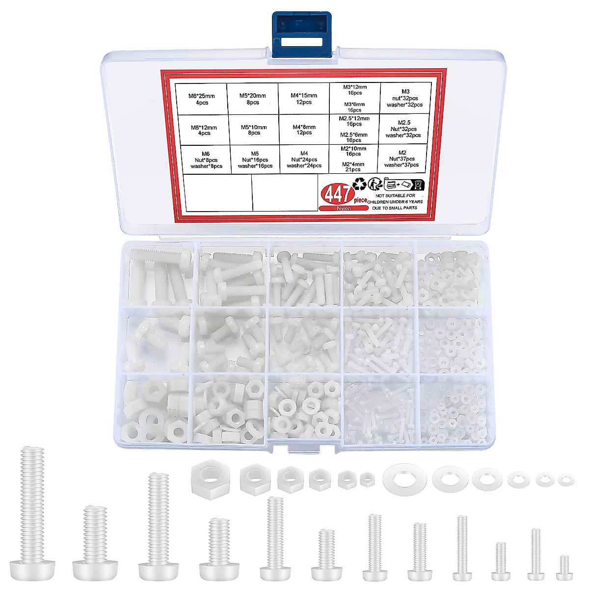447 Pcs White Nylon Plastic Pan Round Head Screws Bolts and Nuts and Gaskets, Metric Full Threaded Hex Head Screws Bolts and Nuts and Washers Assortment Set - M2/M2.5/M3/M4/M5/M6