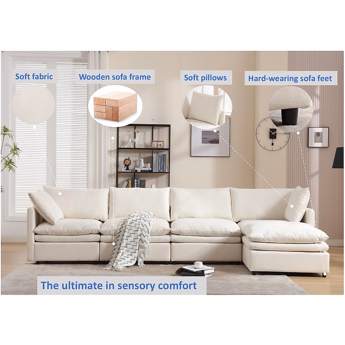 VASOENY 130 X 64.2'' Modular Sectional Couch, 5 Seat Upholstered L Shaped Sofa Couch, Modern Corner Sofa Couch with 6 Pillow for Living Room, Office, Convertible Chaise Lounge