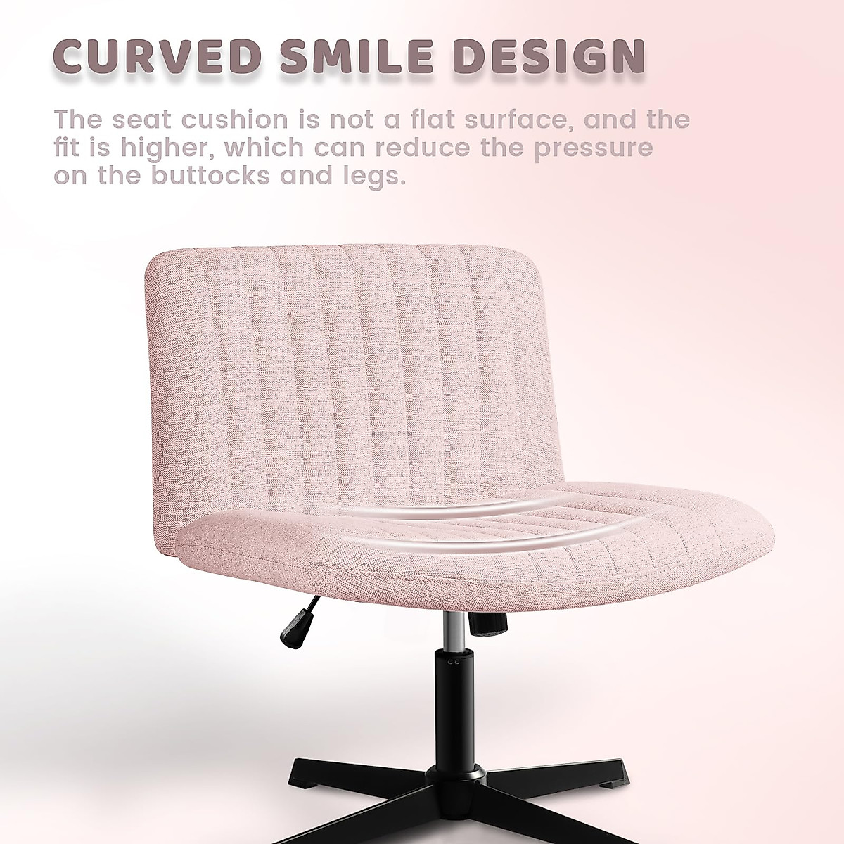 LEMBERI Fabric Padded Desk Chair No Wheels, Armless Wide Swivel Home Office Desk Chair,120° Rocking Mid Back Ergonomic Computer Task Vanity Chair for Office, Home, Make Up,Small Space (Pink)