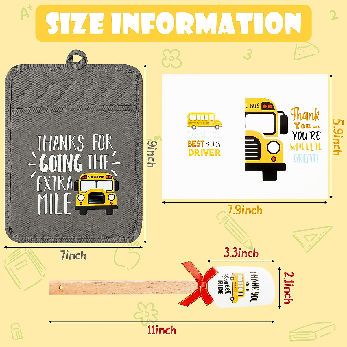 R HORSE 3Pcs School Bus Driver Gift Funny Cookie Bag Silicone Spatula Set with Greeting Card Thank You Bus Driver Present Potholder Heat Resistant Oven Mitt Bus Driver Retirement Teacher Day Gift